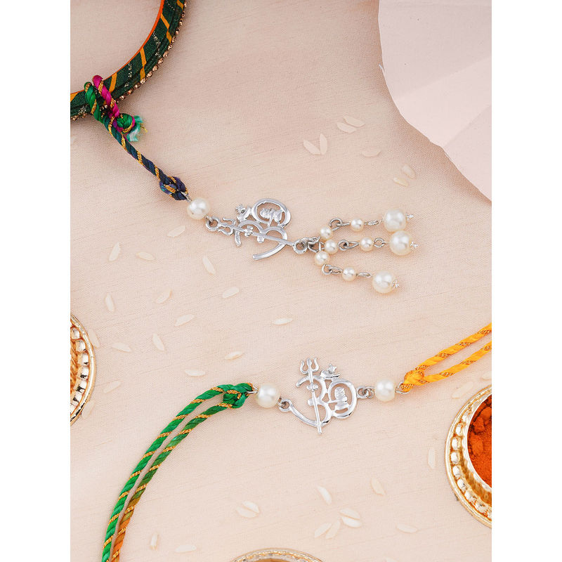 Buy Estele Rhodium Plated Om Rakhi for Bhaiya Bhabhi with Pearls ...