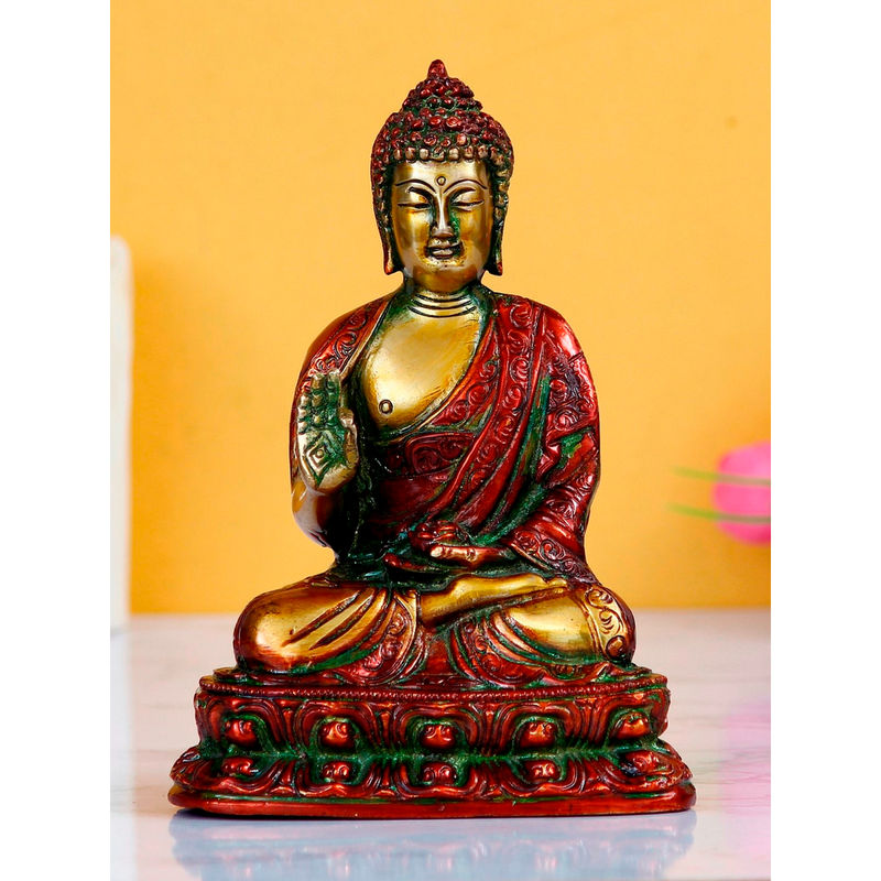 Buy eCraftIndia Golden and Red Premium Meditating Blessing Buddha Brass ...