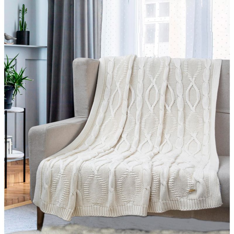 Buy Pomme Ivory Cotton Cable Texture Knitted Decorative Throw Online