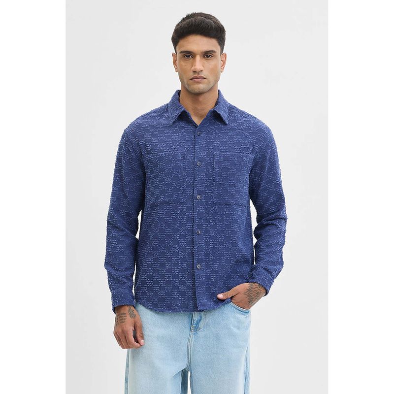 Buy Snitch Dark Blue Textured Relaxed Fit Shirt Online
