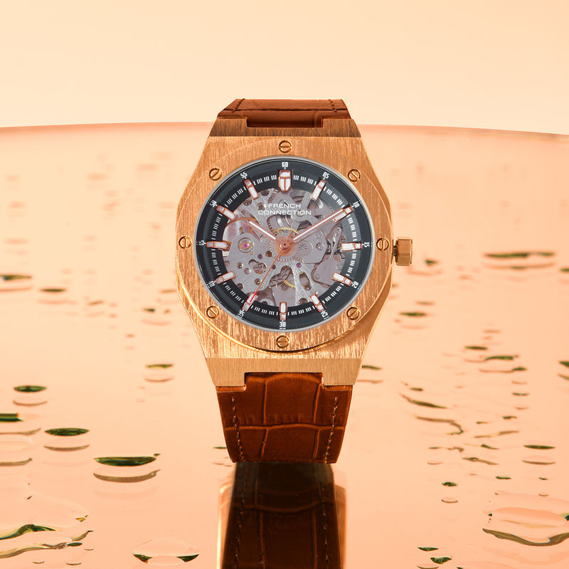 Buy French Connection Skeleton Black Round Dial Automatic Watch for Men ...