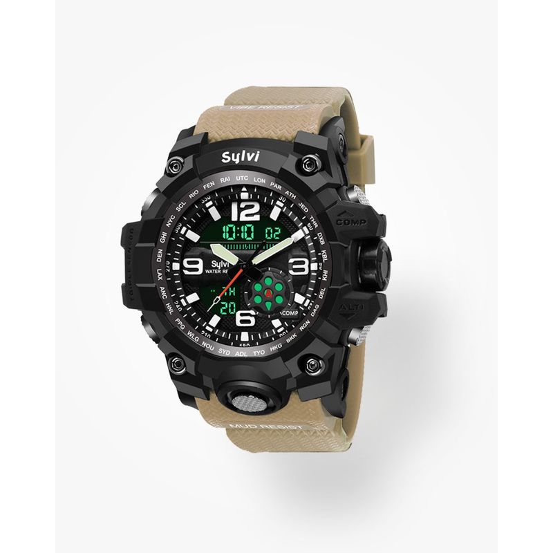 Buy Sylvi Digital Analog Sports Watch Cream Strap Watch for Men-Black ...