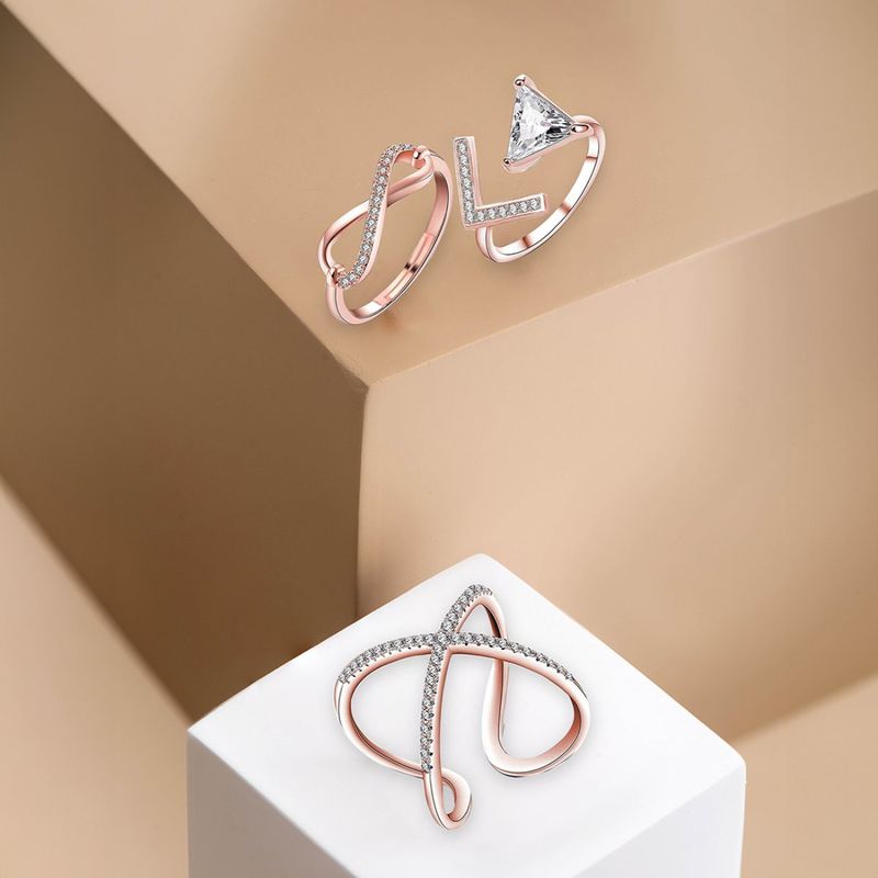 Buy Yellow Chimes Adjustable Rose Gold Tone Crystal Rings Combo of 3 Online