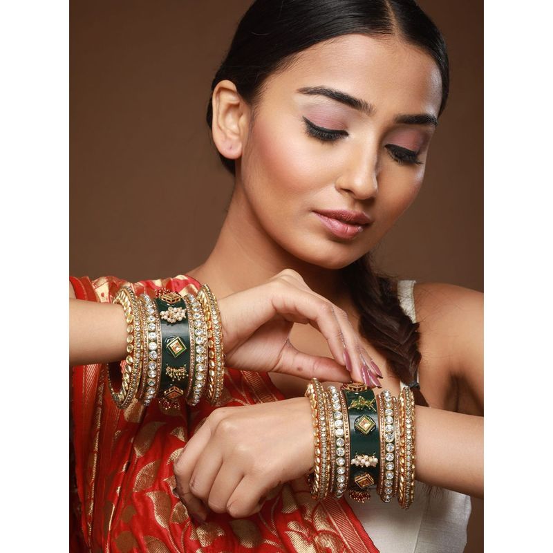 Jazz and Sizzle Gold Plated White Stone Studded & Beaded Green Chuda ...