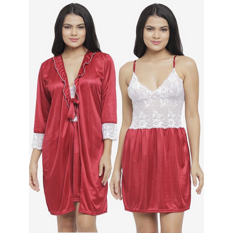 N-Gal Women's Satin Floral Pattern Knee Length Nighty Gown with Robe 2 ...
