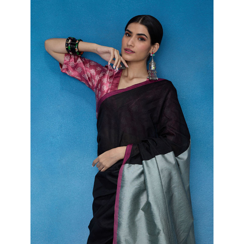Buy Likha Black Viscose Blend Solid Colorblock Saree with Unstitched ...