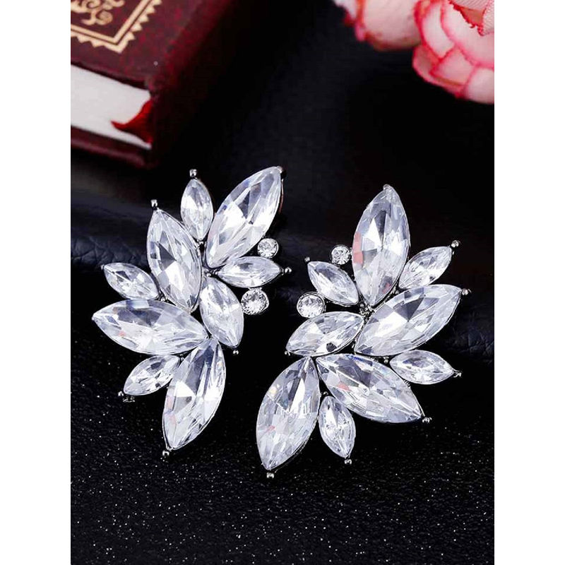 Buy OOMPH White Floral Cubic Zirconia Large Fashion Ear Stud Earrings ...