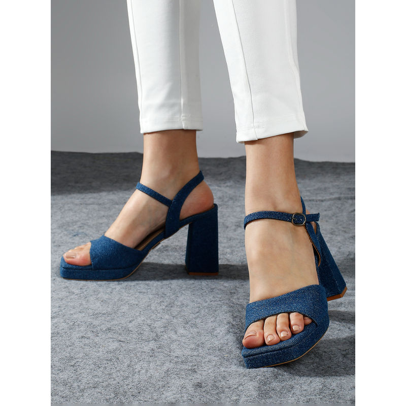Buy Inc.5 Women Navy Blue Open Toe Suede Block Heels with Buckle Detail ...