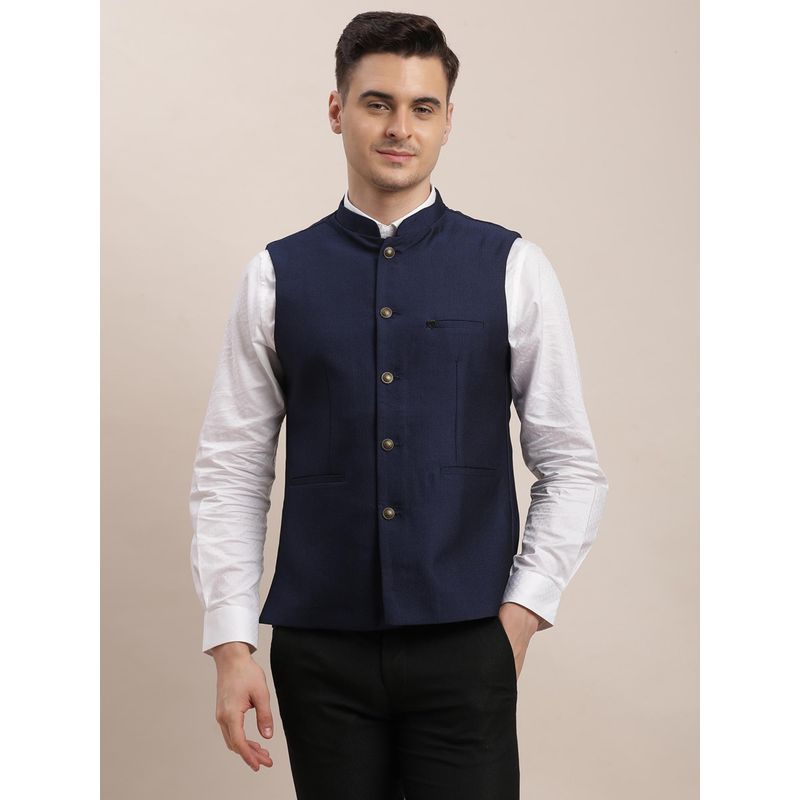 Buy Turtle Men Terylene Rayon Blue Dobby Solid Formal Nehru Jacket Online