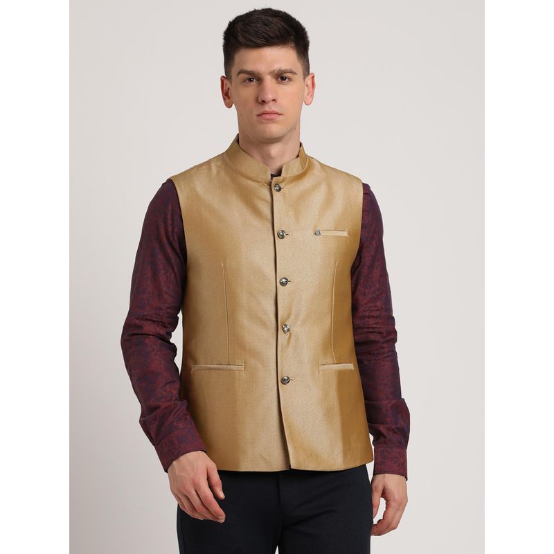 Buy Turtle Men Terylene Rayon Gold Dobby Print Formal Nehru Jacket Online