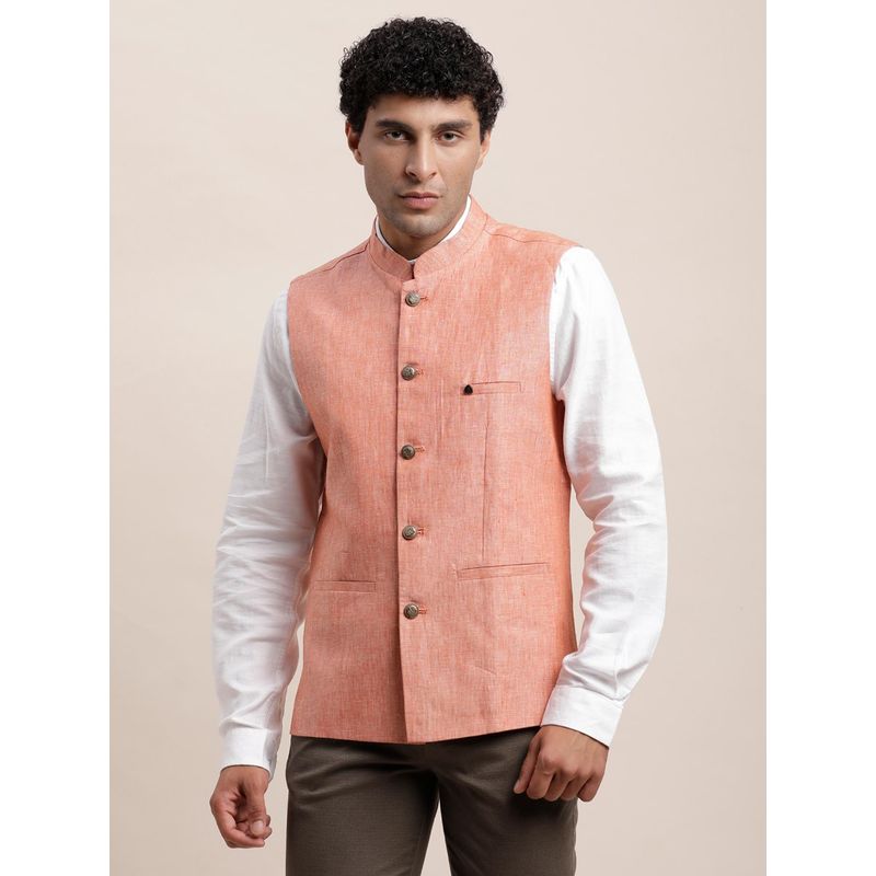 Buy Turtle Men Pure Linen Light Peach Solid Party Nehru Jacket Online