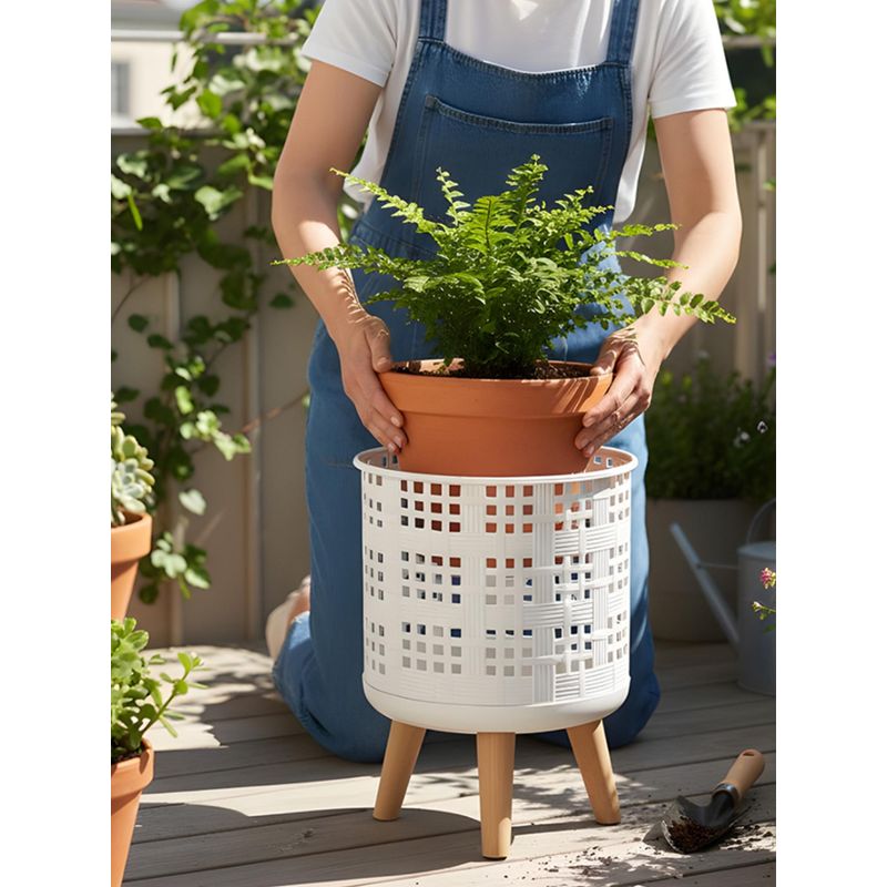 Buy Aarvi Decor White Metal And Wood Freestanding Round Mesh Planter Online