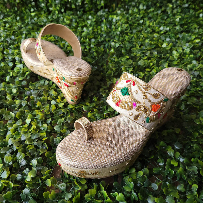 Buy Tic Tac Toe Multi-Color Gold Heel Work Wedge Sandals Online