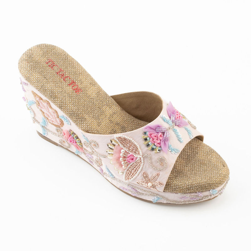 Buy Tic Tac Toe Pink & Brown Flower Embroidered Heel Work Wedges Online