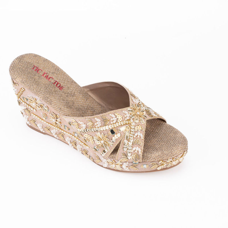 Buy Tic Tac Toe Nude Pearl Embroidered Full Heel Work Wedges Online