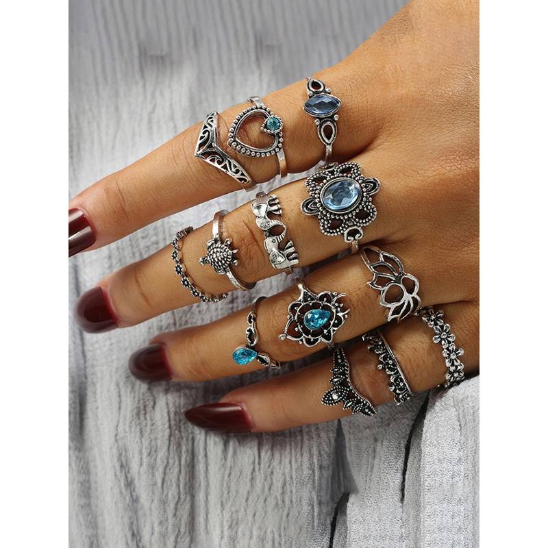 Buy Yellow Chimes Silver Oxidised Knuckle Rings Set Online