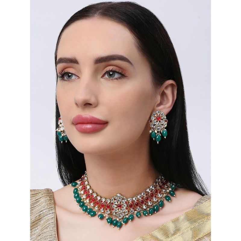 Buy OOMPH Red And Green Kundan Jadau Ethnic Choker Necklace Set With Drop Earrings Online