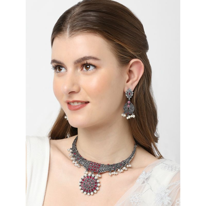 Buy OOMPH Oxidised Silver Look Alike Maroon Stone And Pearls Ethnic Choker Necklace Set Online