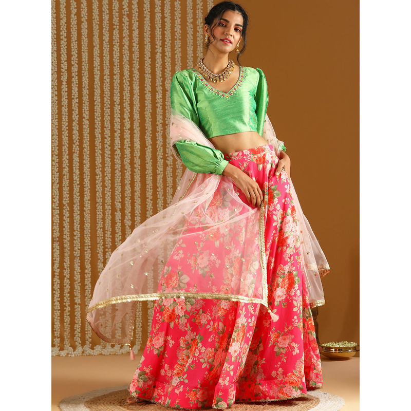 Buy Gajra Gang Bageecha Green & Pink Floral Printed Lehenga Choli & Dupatta GGLEH19 (Set of 3 ...