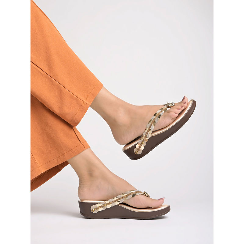 Buy Shoetopia Women Gold-toned Embellished Comfort Sandals Online