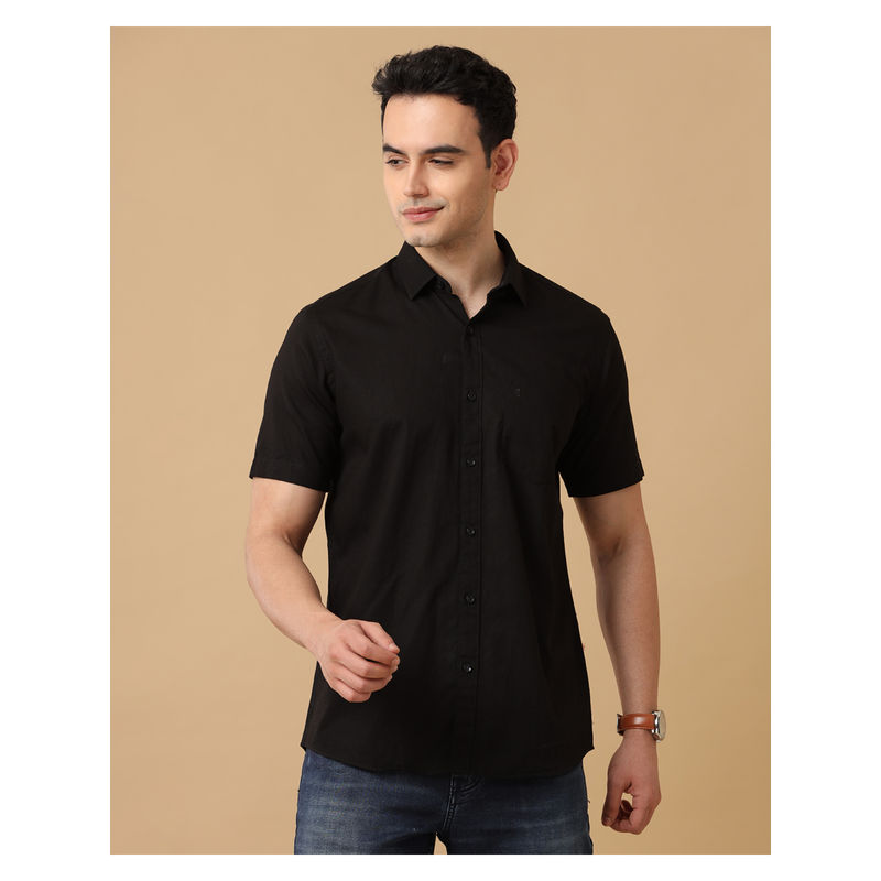 Buy Cavallo By Linen Club Black Solid Blended Linen Casual Shirt Online