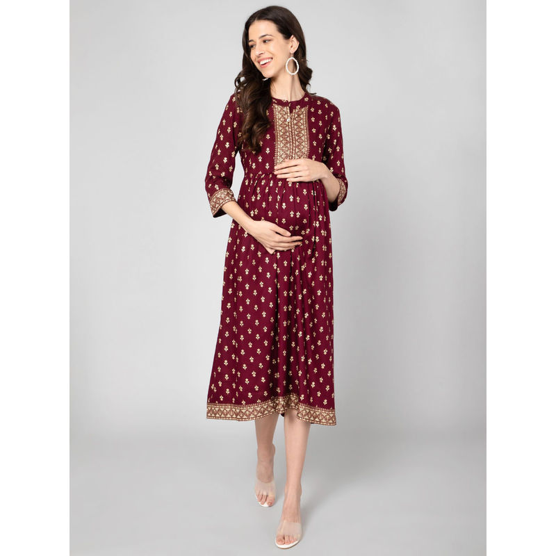 Buy Zelena Three Fourth Sleeves Maroon Maternity Dress Online