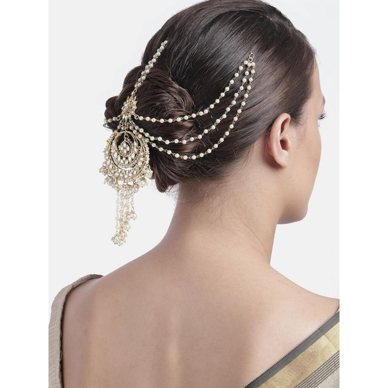Buy I Jewels Gold Plated Traditional White Kundan Pearl Paranda Hair ...