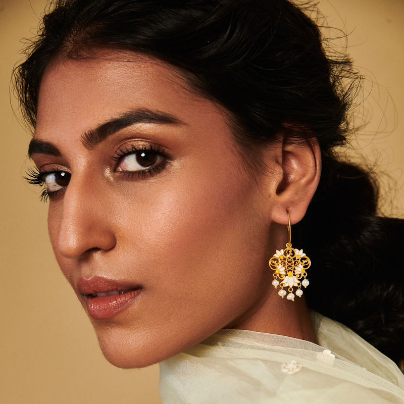 Buy ZARIIN 22KT Gold Plated in White Enamel Dream Lotus Drop Earrings ...