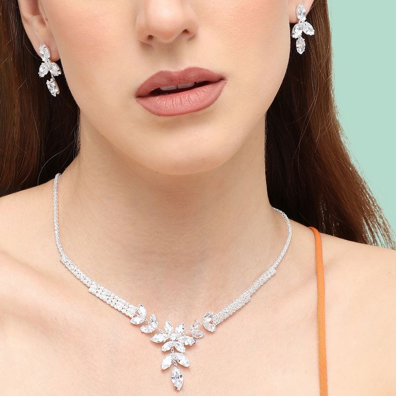 Buy SOHI Silver Plated Designer White Stone Jewellery Set Online