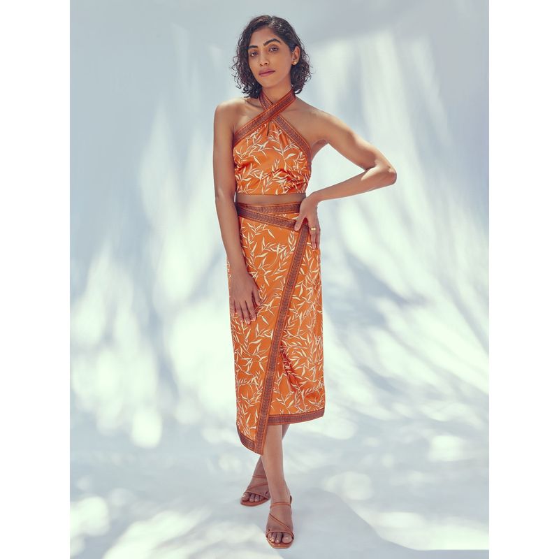 Buy The Label Life Abstract Leaf Print Wrap Orange Skirt Online