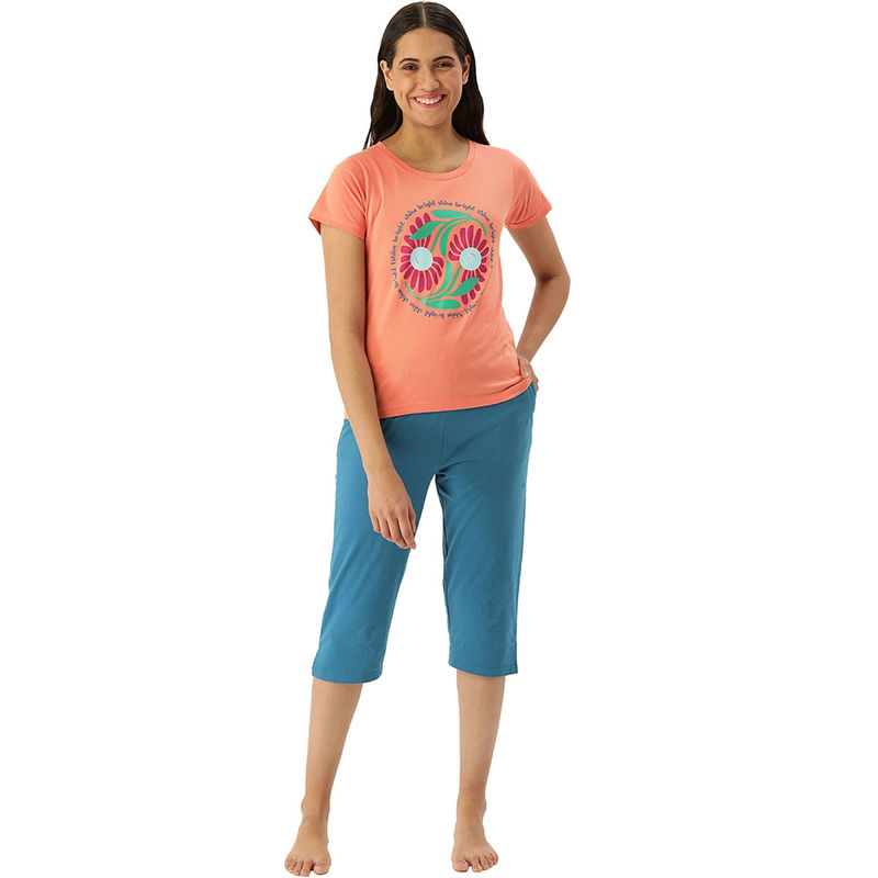 Buy Slumber Jill Graphic Print T-Shirt & Capri Set In Peach And Teal Online