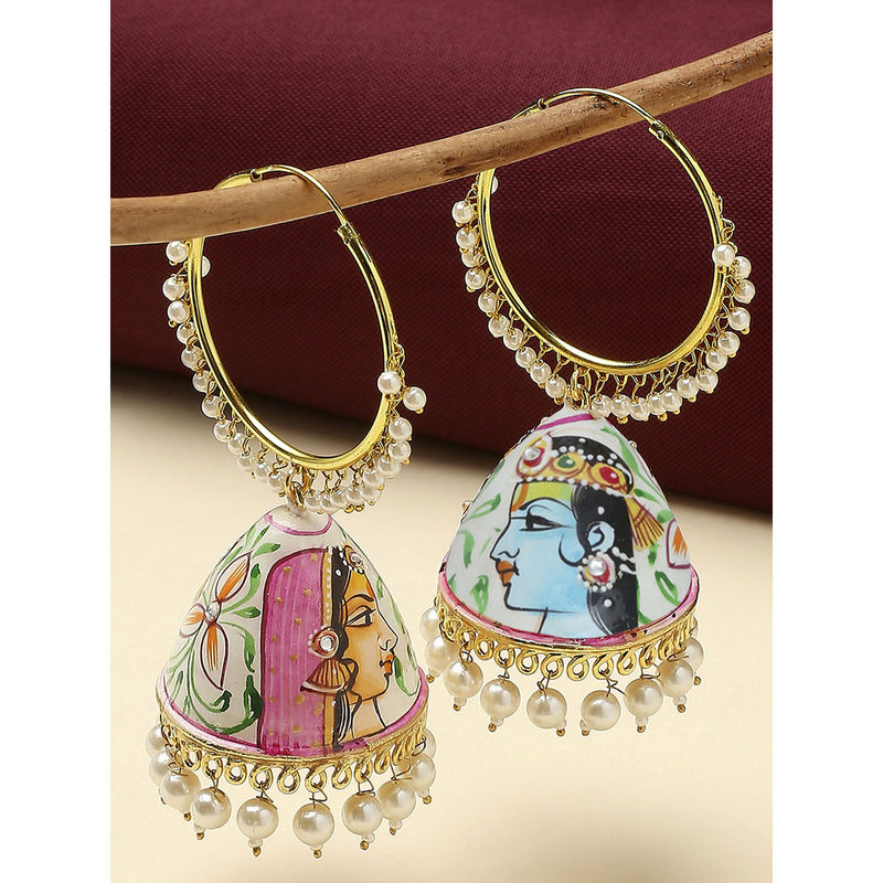Buy OOMPH Hand Printed Meenakari Large Jhumka Earrings Radha Krishna ...