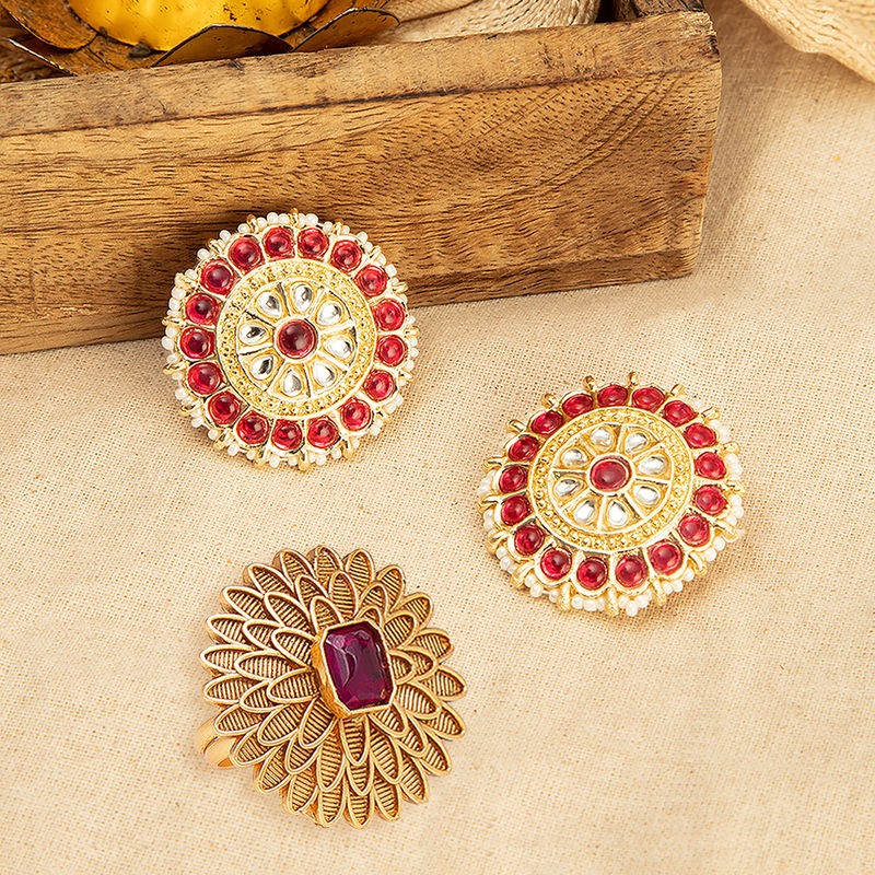 Buy Azai by Nykaa Fashion Gold Stud Earrings And Flower Patterned Ring ...