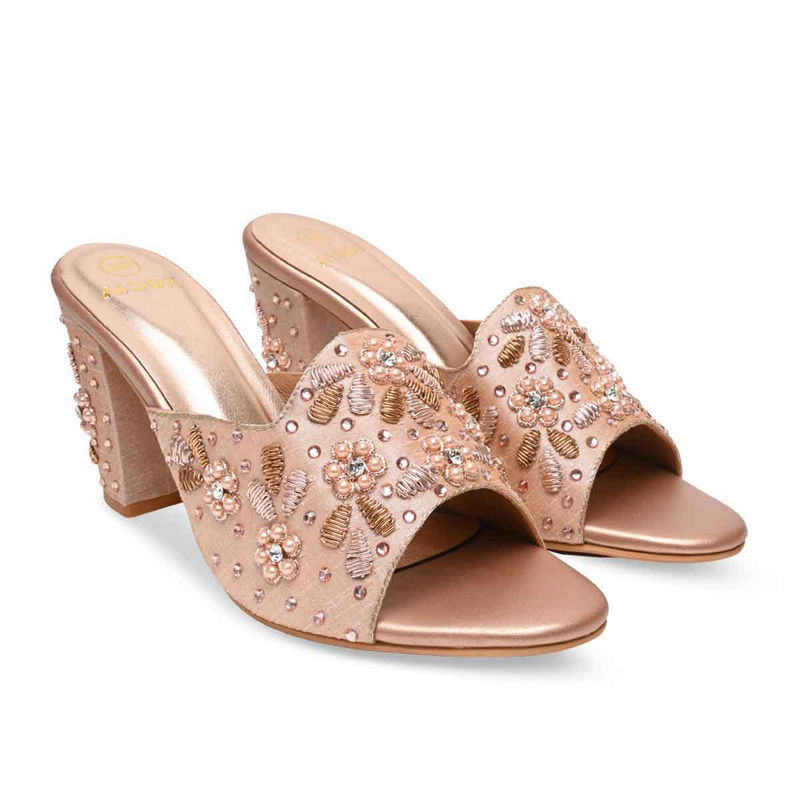 Buy ROCIA By Regal Rose Gold Women Heavy Embroidered Block Heel Sandals ...