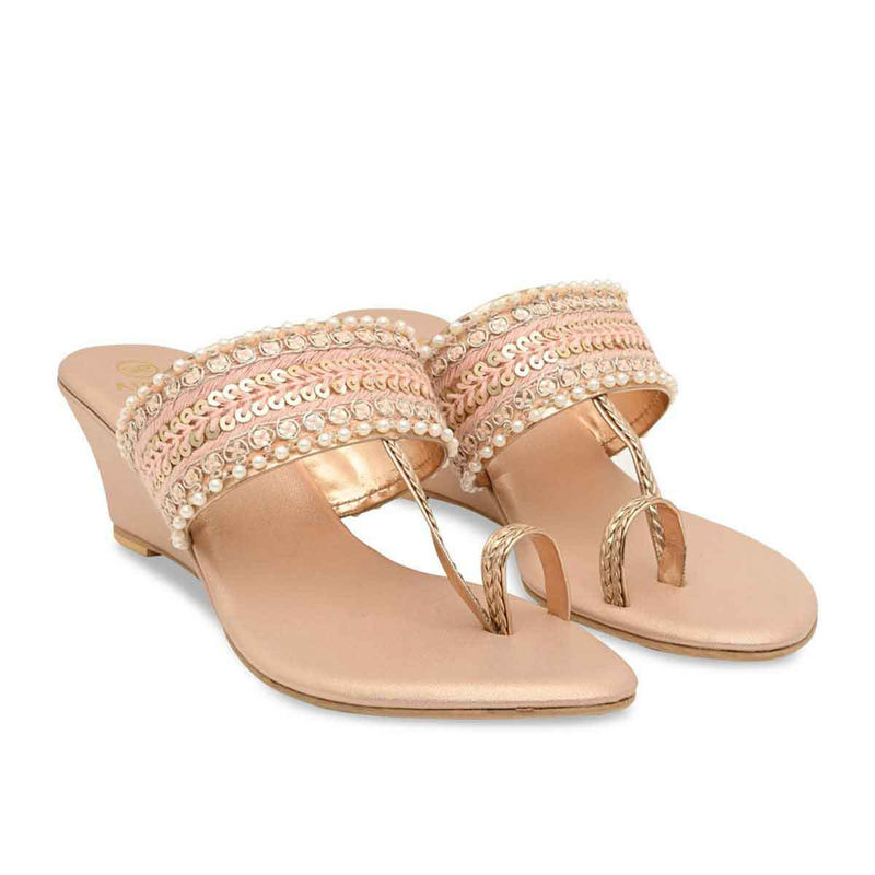Buy ROCIA By Regal Rose Gold Women Embroidered Wedges Heels Sandals Online