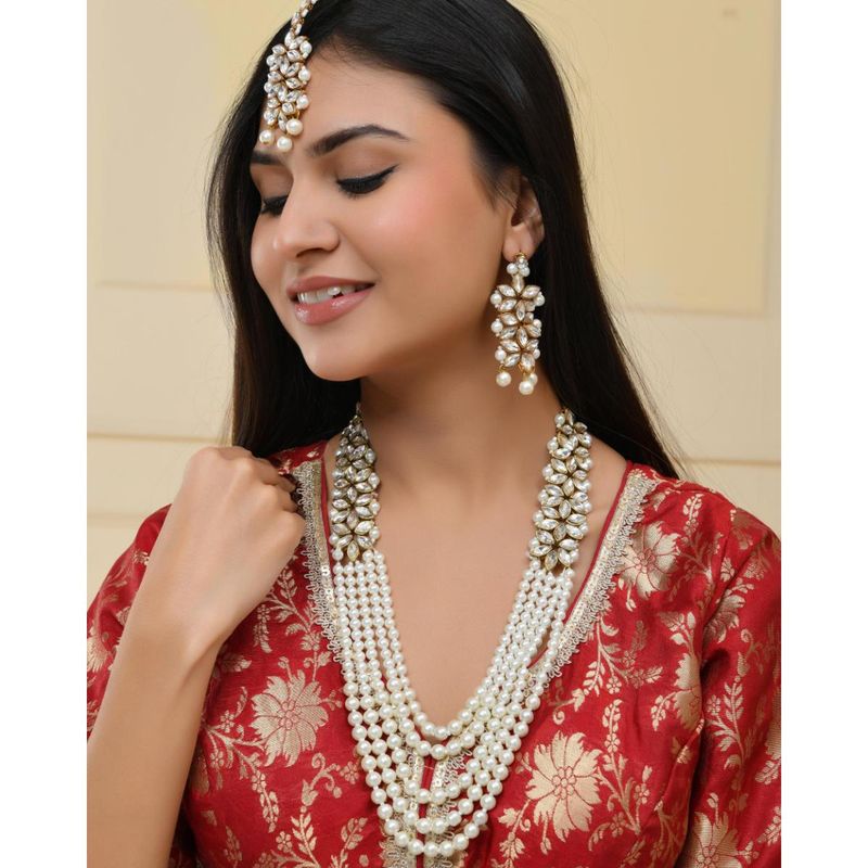 Buy VOJ Pearl And Kundan Studded Long Necklace With Earrings And Maang ...