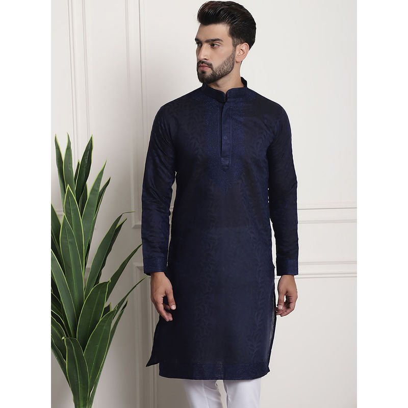 Buy SOJANYA Men Pure Silk Navy Blue Kurta with Heavy Embroidery on Neck ...