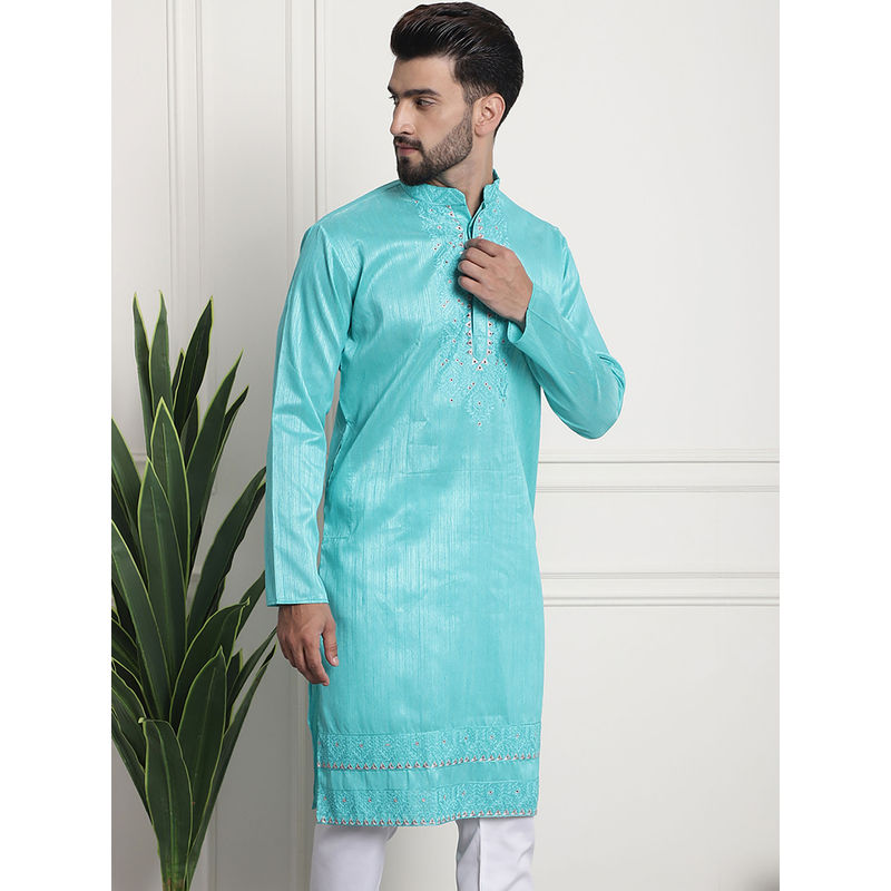 Buy SOJANYA Men Pure Silk Turquoise Kurta with Heavy Embroidery on Neck ...