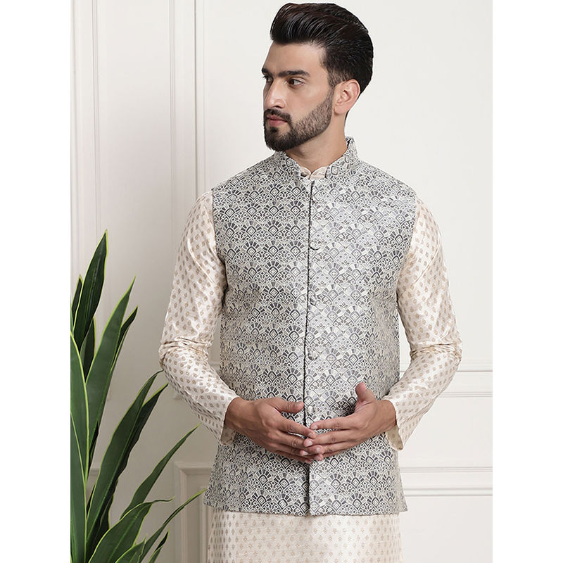 Buy SOJANYA Men Jacquard Silk Grey Color Nehru Jacket Online