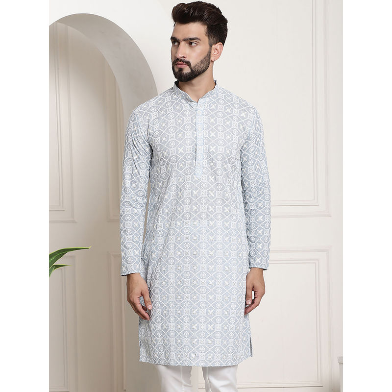 Buy SOJANYA Men Cotton Embroidered Grey Colour Long Kurta Online