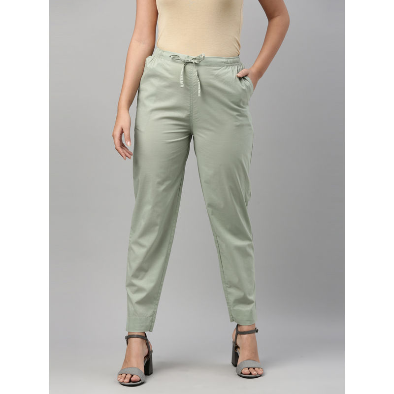 Buy Go Colors Women Dusty Solid Mid Rise Cotton Pants - Green Online