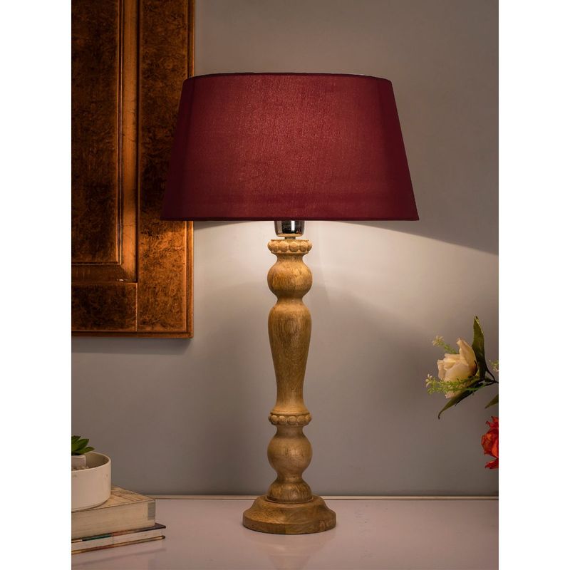 Buy Homesake Eureka Natural Wood Table Lamp Red Shade Online