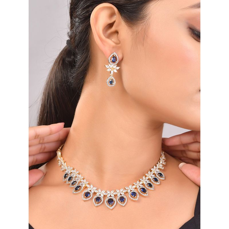 Buy Voylla Sparkling Elegance Blue Allure American Diamond Necklace Set ...