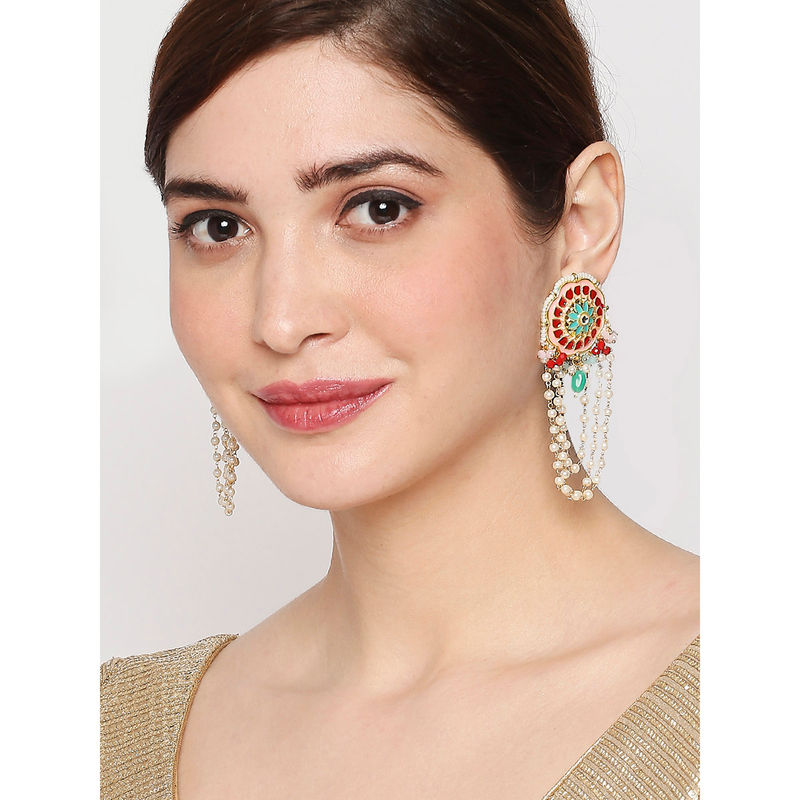Buy OOMPH Meenakari Enamel Pearls Large Ethnic Floral Ear Drop Earrings ...