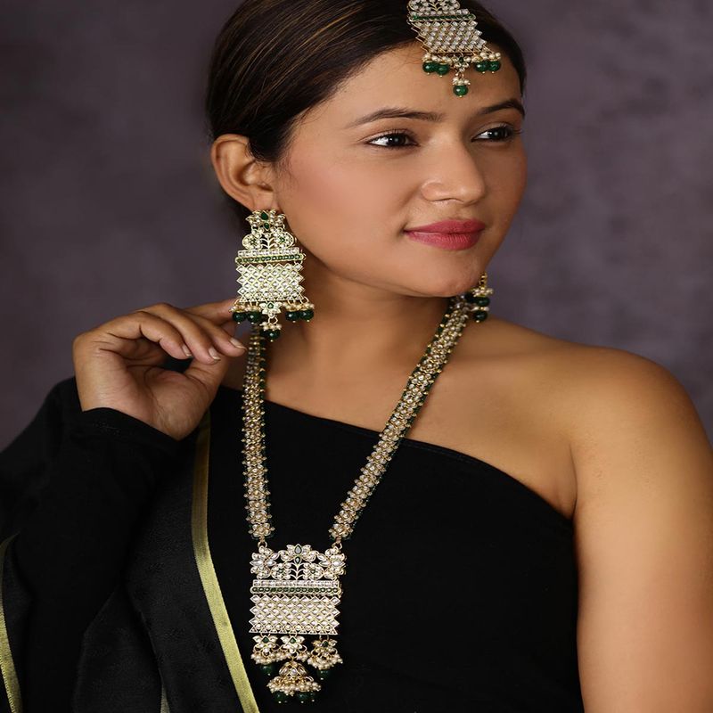 Priyaasi Green Beads Pearls Stones Kundan Gold Plated Raani Haar With ...