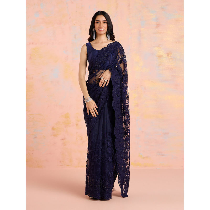 Buy Likha Navy Blue Net Embellished and Embroidered Saree with ...