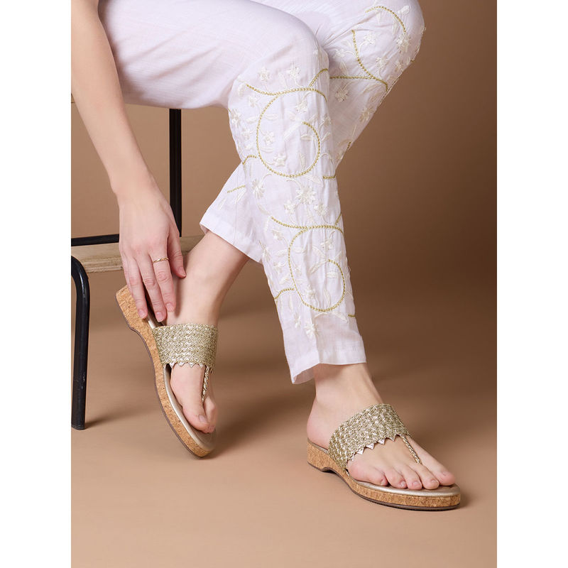 Buy Inc.5 Women Golden Ethnic Embellished Pattern T-Strap Slip-On ...