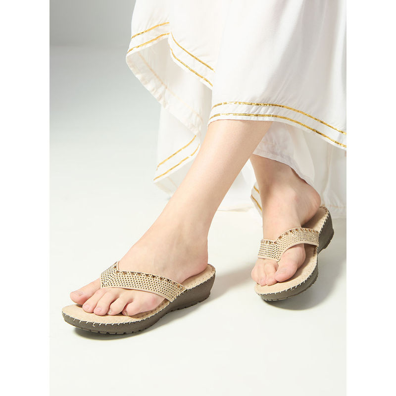 Buy Inc.5 Women Golden Ethnic Embellished T-Strap Slip-On Sandals Online