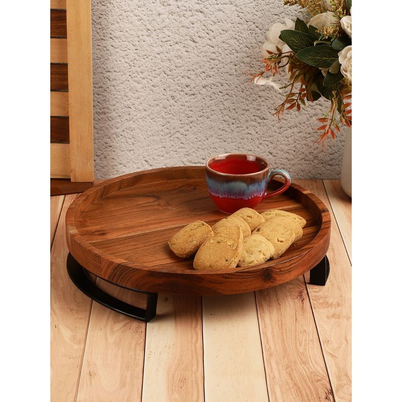 Buy VarEesha Acacia Wood 12 Inch Round Platter with Metal Stand from ...
