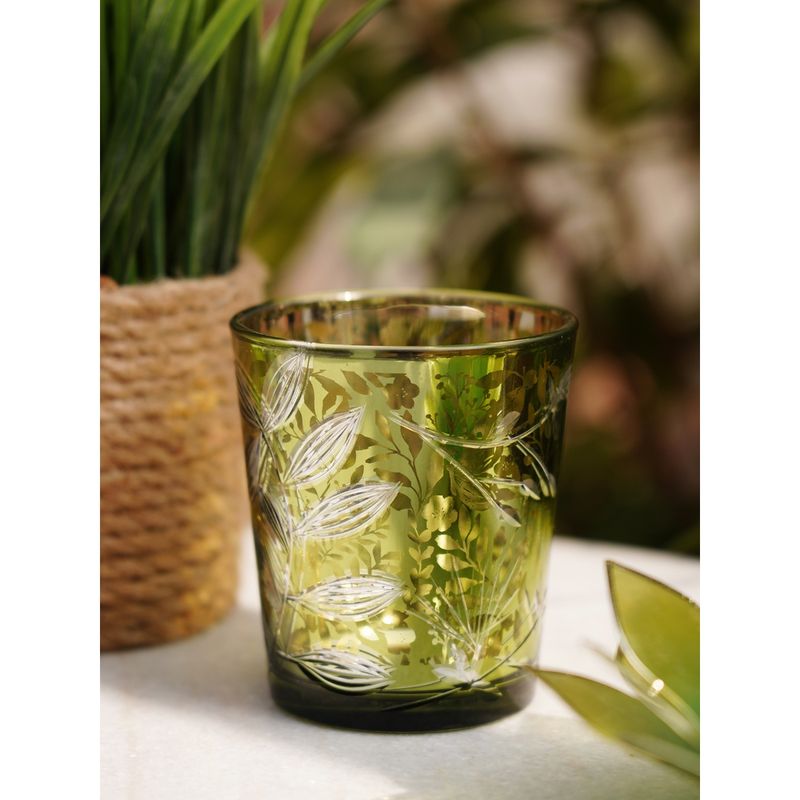 Buy Pure Home + Living Set of 2 Green Leaf Pattern Glass Votives ...